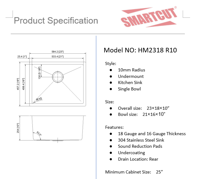 Hand Made Stainless Sink 23" X 18" R10 – SMARTCUT PROFESSIONAL TOOL, LLC
